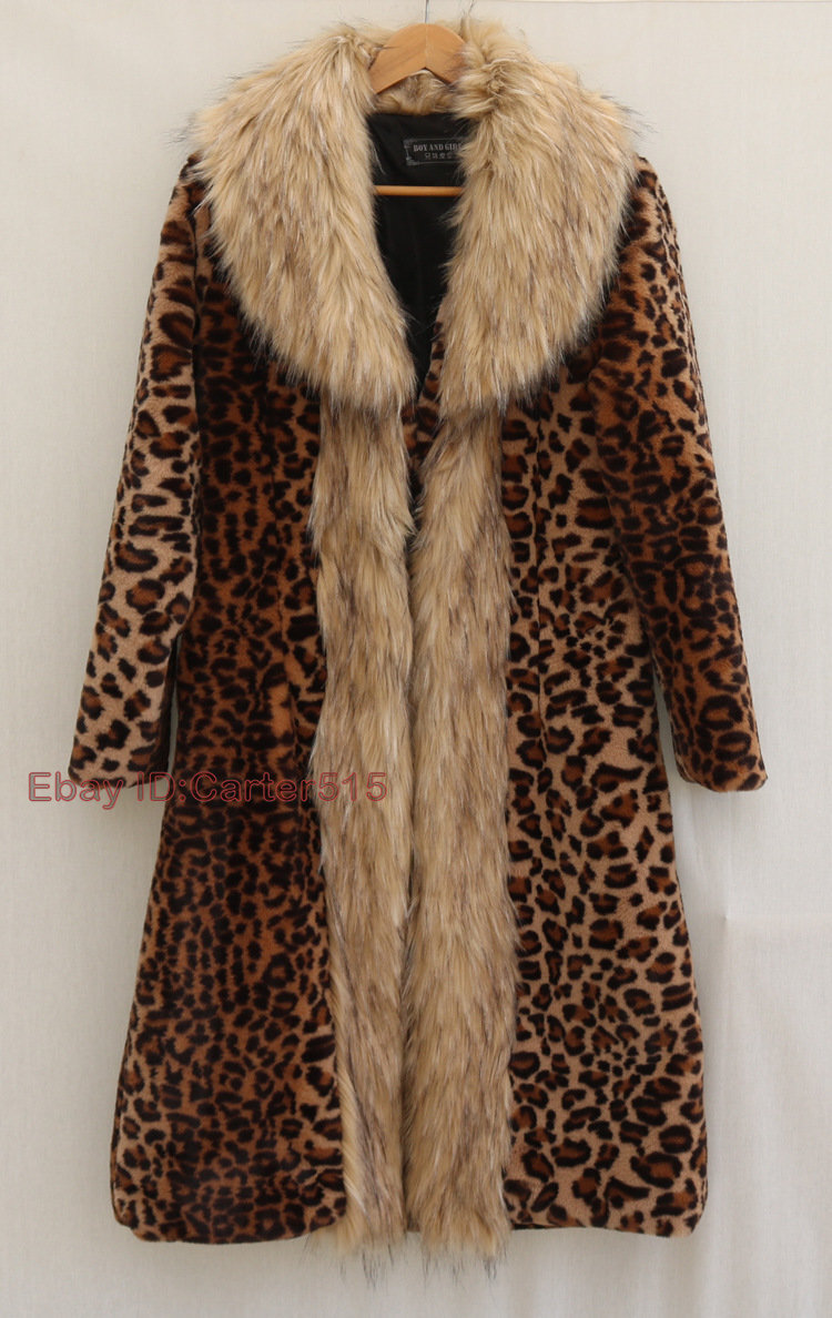 Womens Leopard Winter Thicken Warm Jacket Long Faux Fur Collar Trench ...