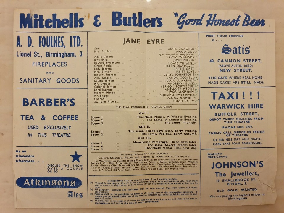 ALEXANDRA THEATRE JANE EYRE JOAN MILLER EDGAR VINCENT DENIS GOACHER ...