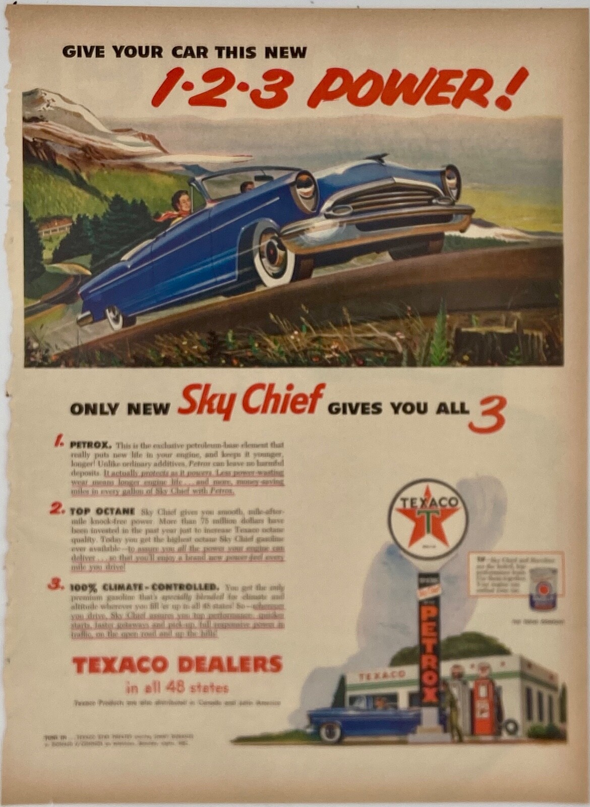 Original 1955 Texaco Ad: Sky Chief Series, 1, 2, 3, POWER! Vintage Blue ...