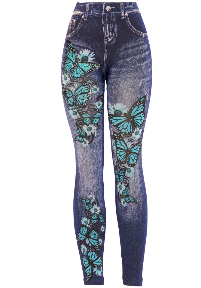 High Waist Women's Denim Print Fake Faux Jeans Leggings Pants | eBay