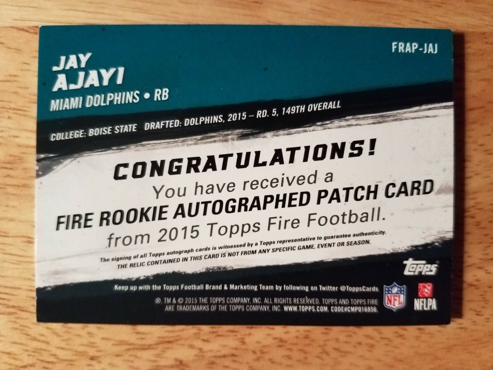 Jay Ajayi 2015 Topps Fire Rookie Autograph Patches Blue #FRAP-JAJ 50/75 ...