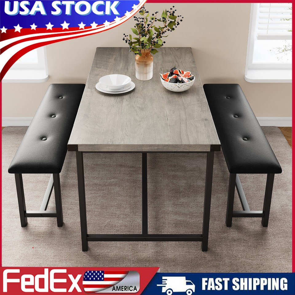 Dining Set Table and 2 Upholstered Bench Wood Top Breakfast Dinette for ...