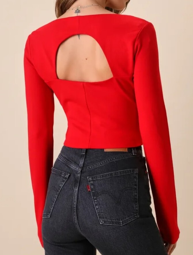 LULUS RED BUSTIER SHORT CROPPED LONG SLEEVE CUT OUT BACK FITTED TOP ...