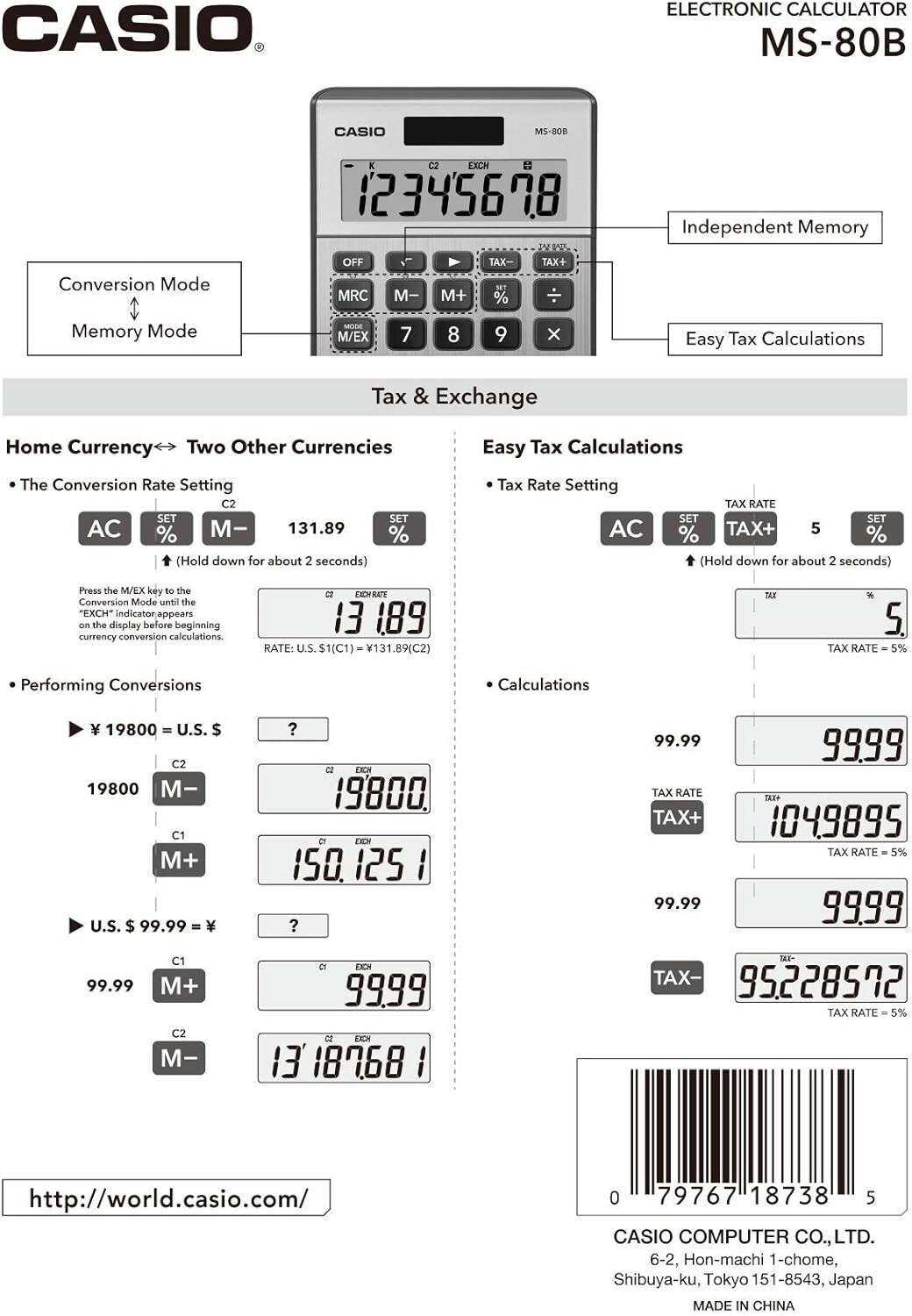 CASIO MS-80B STANDARD FUNCTION DESKTOP CALCULATOR TWO-WAY POWERED SOLAR ...