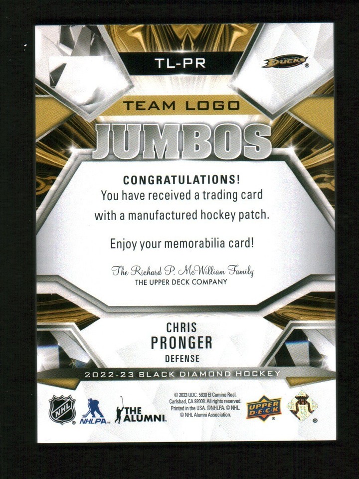 2022-23 Black Diamond Team Logo Jumbo Patches Gold #TLPR Chris Pronger ...
