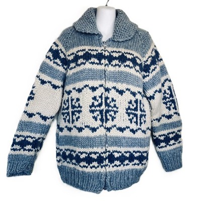 Cowichan Hand Knit Cardigan Sweater Blue/Cream Snowflake Pattern Vtg Sm ...
