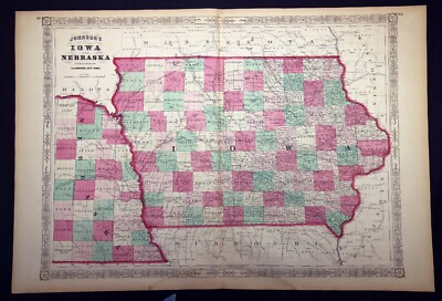 1864 Iowa and Nebraska Color Map Johnson's Steel Engraving | eBay UK