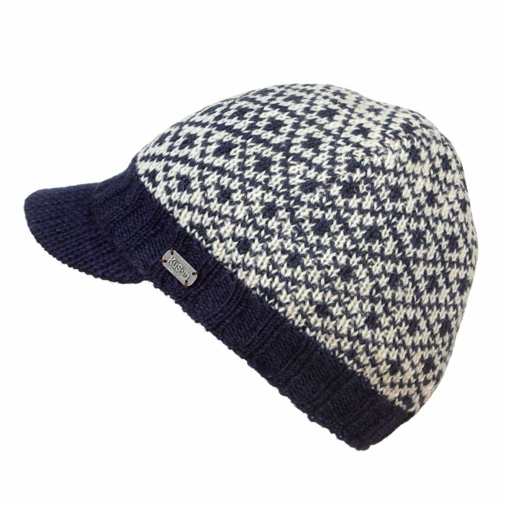 Kusan 100% Wool Knitted Peaked Beanie Cap Choice of Colours & Patterns ...