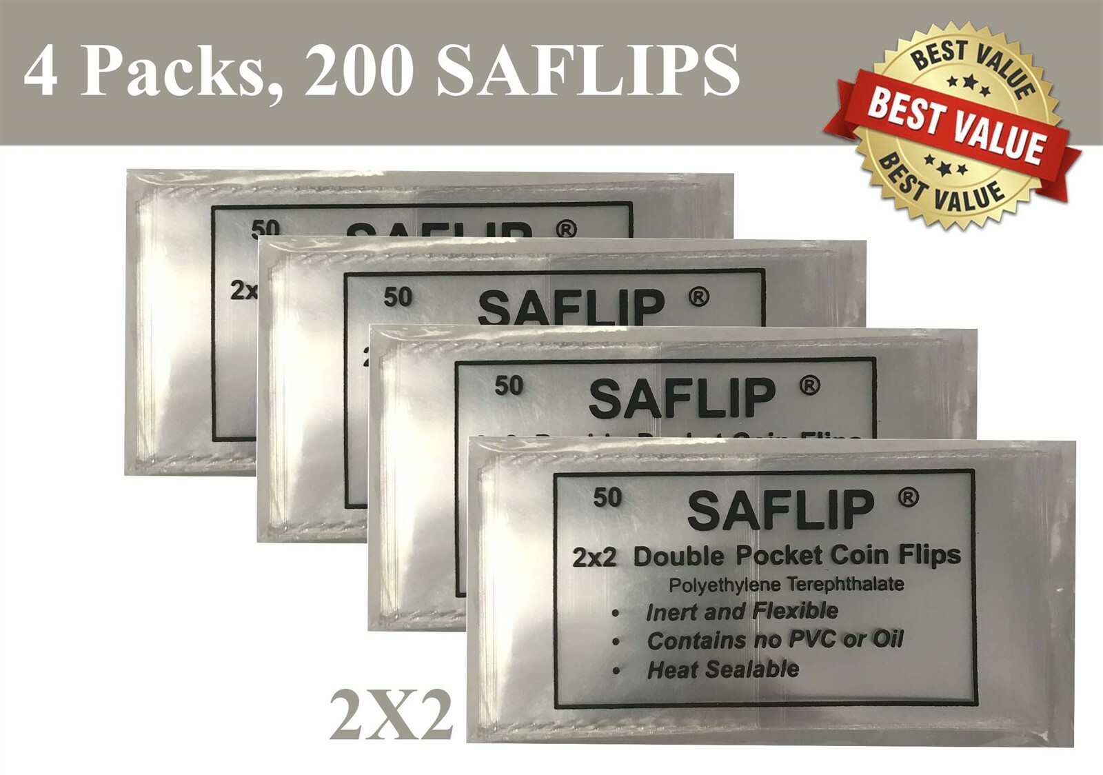 2x2 Coin Flips Saflips 200 Double Pocket Mylar Holders 4 Packs Combo ...