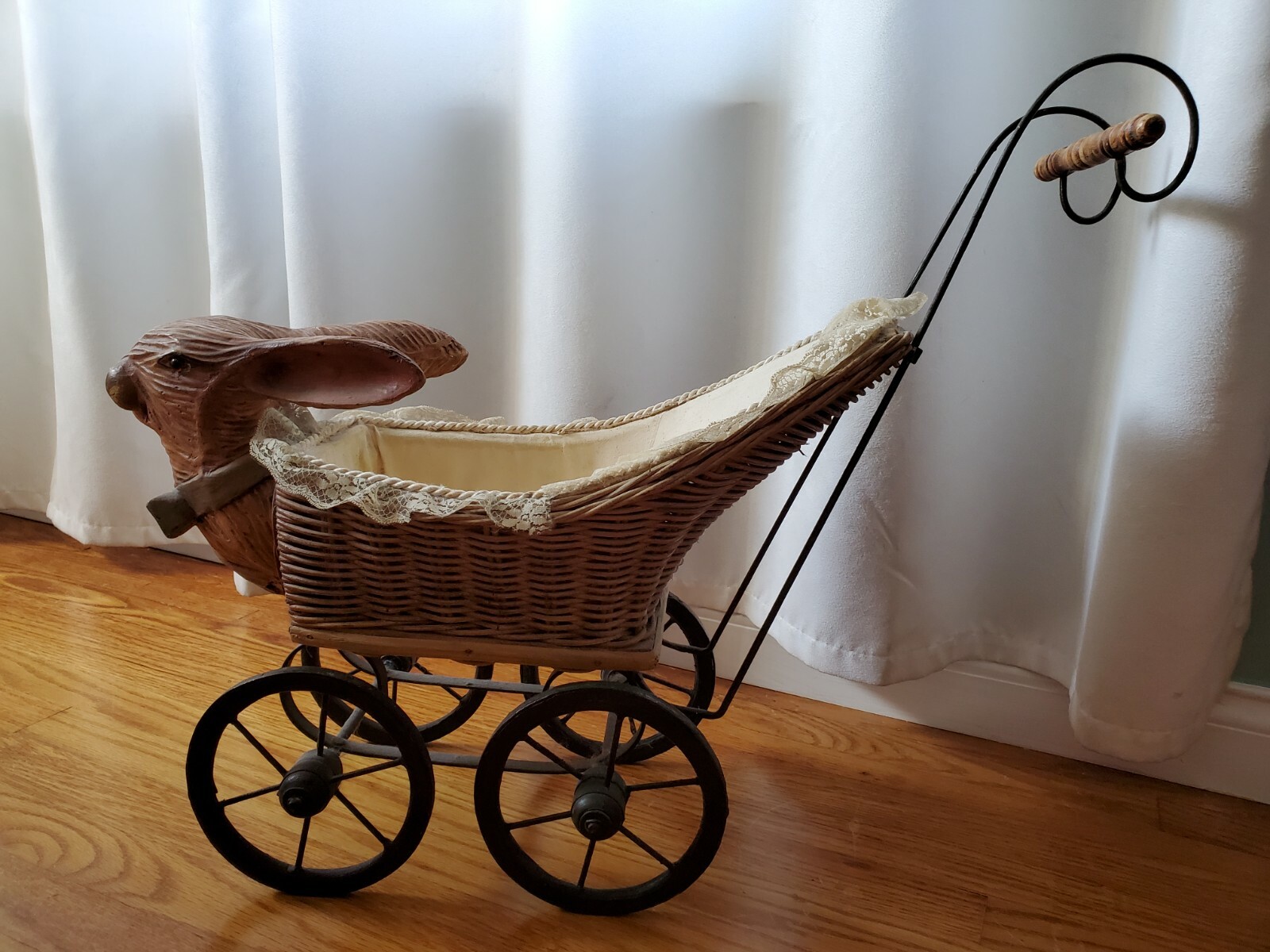 ANTIQUE IRON BUNNY RABBIT HEAD WICKER BABYDOLL STROLLER BUGGY | eBay