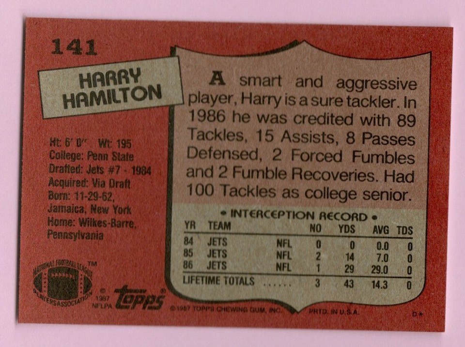 1987 Topps Football #141 Harry Hamilton New York Jets Safety | eBay