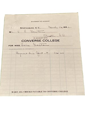 1931 Receipt Converse College Spartanburg South Carolina | eBay