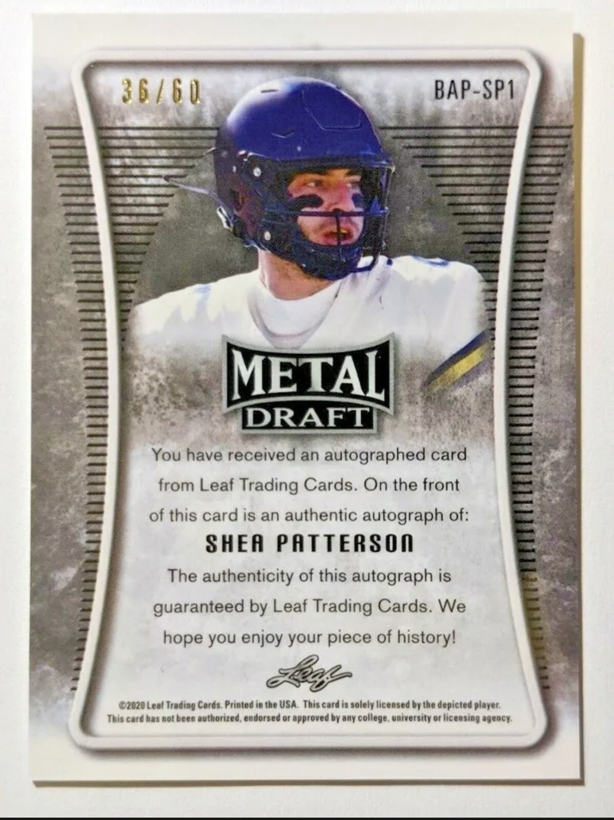 2020 SHEA PATTERSON LEAF METAL DRAFT ROOKIE AUTO 36/60 USFL 🏈🔥 Rare | eBay