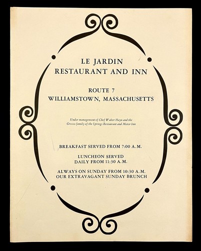 1980s Le Jardin French Restaurant & Inn Williamstown MA Vintage Menu ...