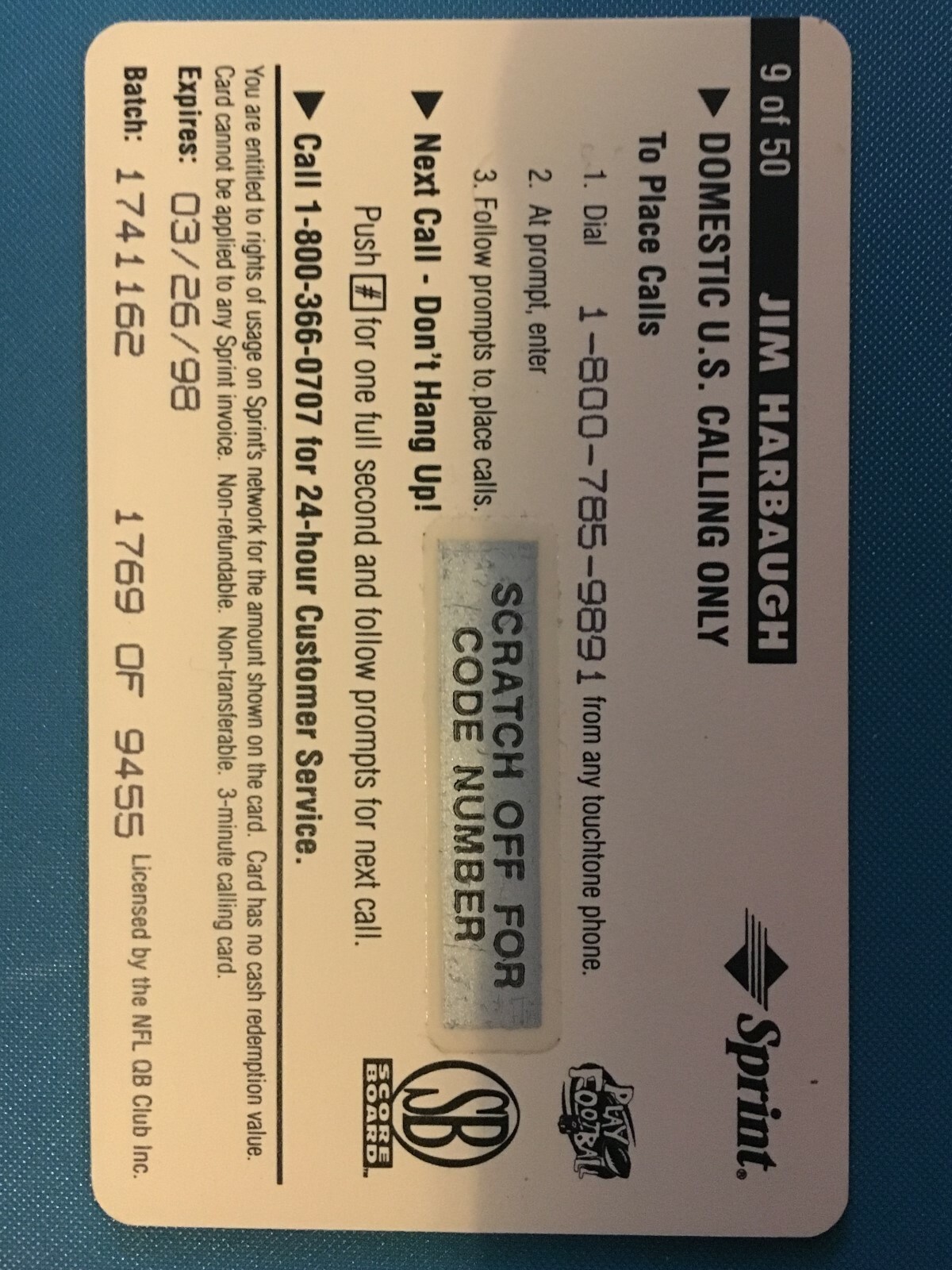 1997 Pro-line Football- Intense $3 Sprint Calling Card Jim Harbaugh #9 ...