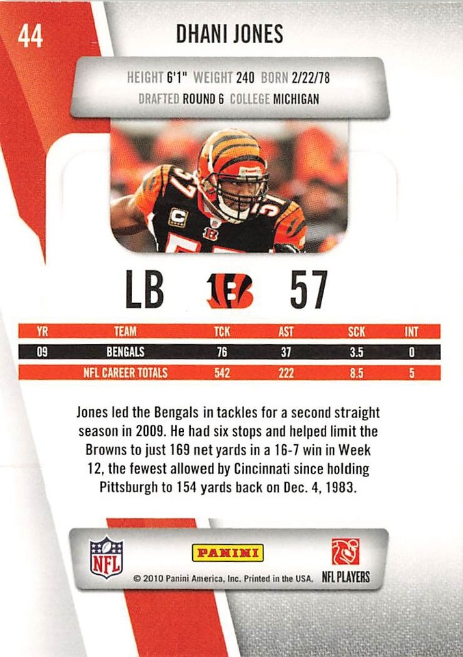 2010 Panini Prestige #44 Dhani Jones Cincinnati Bengals | eBay