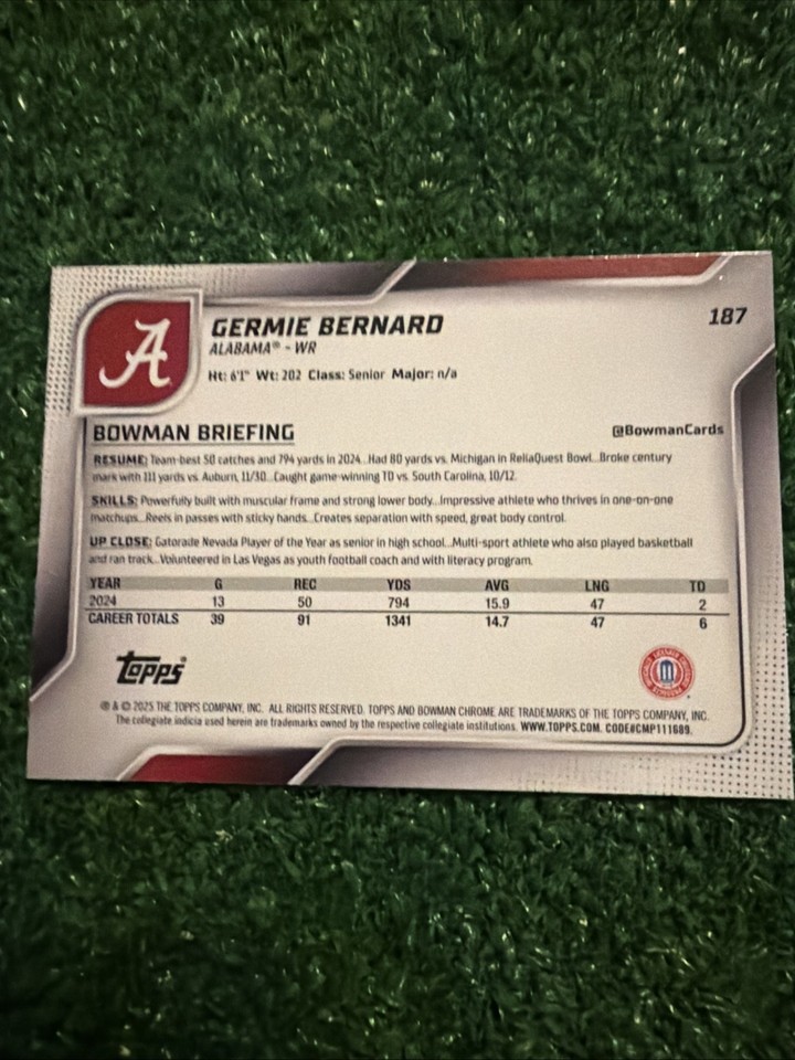 2025 Bowman Chrome University Football #187 Germie Bernard, Alabama AH1 ...