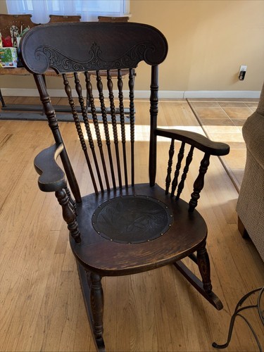 Oak Rocking Chair, Press Back Spindle Rocker, Vintage Carved Rocking ...