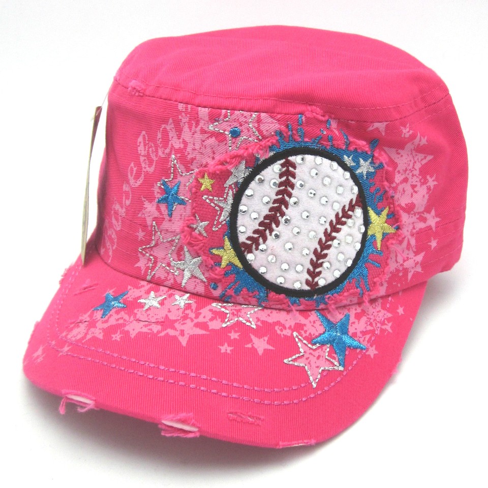Womens Pink Military Cadet Cap Hat Rhinestone Baseball Stars Distressed ...