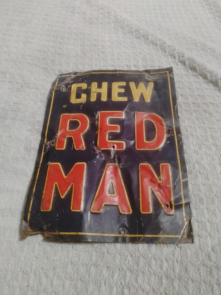 Original Early Small Chew Red Man Embossed Tin Tacker Sign, HTF | eBay