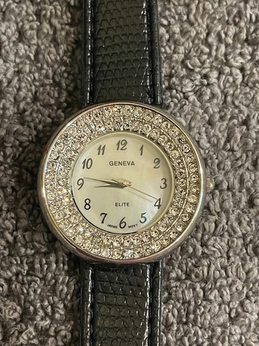 Vintage Geneva Elite watch model 91476 black leather band new battery ...