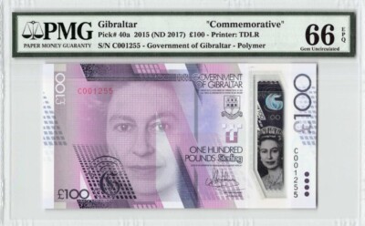 Gibraltar 2015 (ND 2017) P-40a PMG Gem UNC 66 EPQ 100 Pounds Low Serial ...