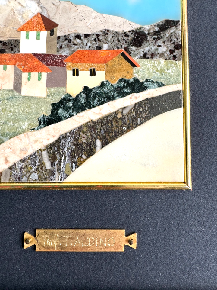 Vtg Italian PIETRA DURA Landscape Framed Art Plaque Stone Mosaic ALDINO ...