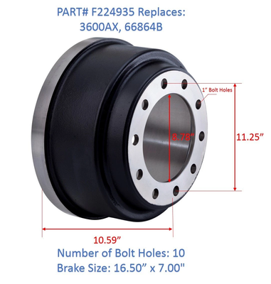 F 3600AX BRAKE DRUM BALANCED FOR BRAKE SIZE 16.5” X 7”- 3600A, 66864B ...