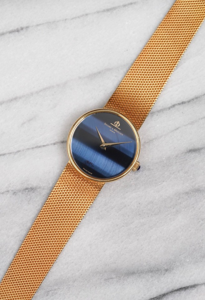 Vintage Baume & Mercier Manual Wind 70s 18K Yellow Gold Blue Falcon Eye ...