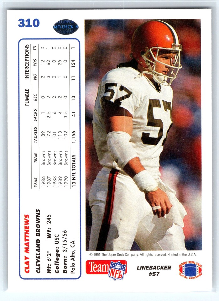 1991 Upper Deck #310 Clay Matthews Football Cleveland Browns | eBay