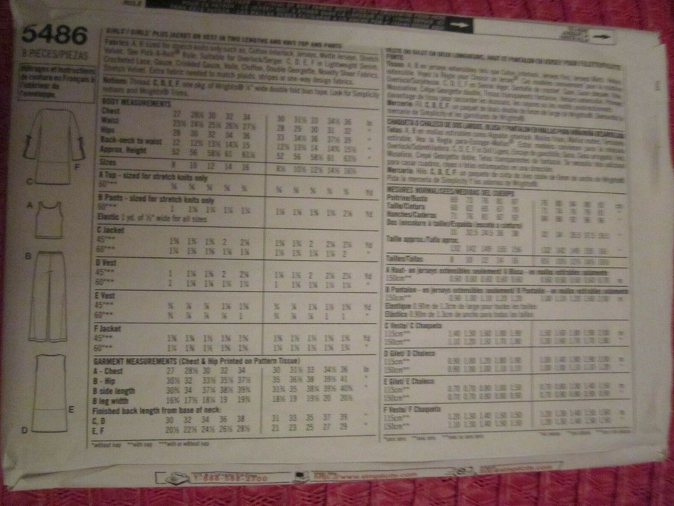 SIMPLICITY 5486 Girls' JACKET VEST Knit TOP Outfit EASY Sew Pattern SZ ...