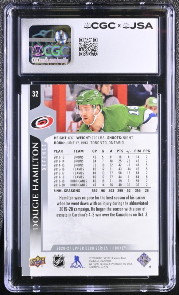 Dougie Hamilton Signed 2021-21 Upper Deck Card #32 Hurricanes CGC 8 JSA ...