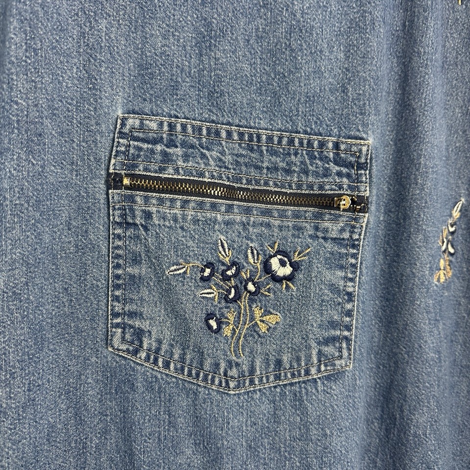 VTG Blue Denim Dress Jumper Sz 2x Embroidered Floral MPH Blues Teacher ...