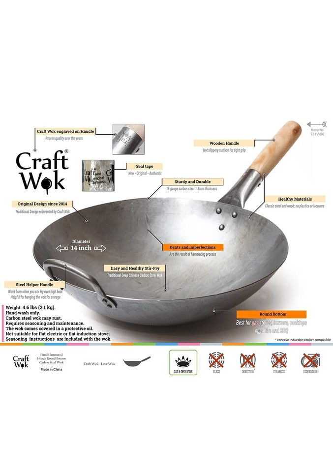 Craft Wok Traditional Hand Hammered Carbon Steel Pow Wok with Wooden 14 ...