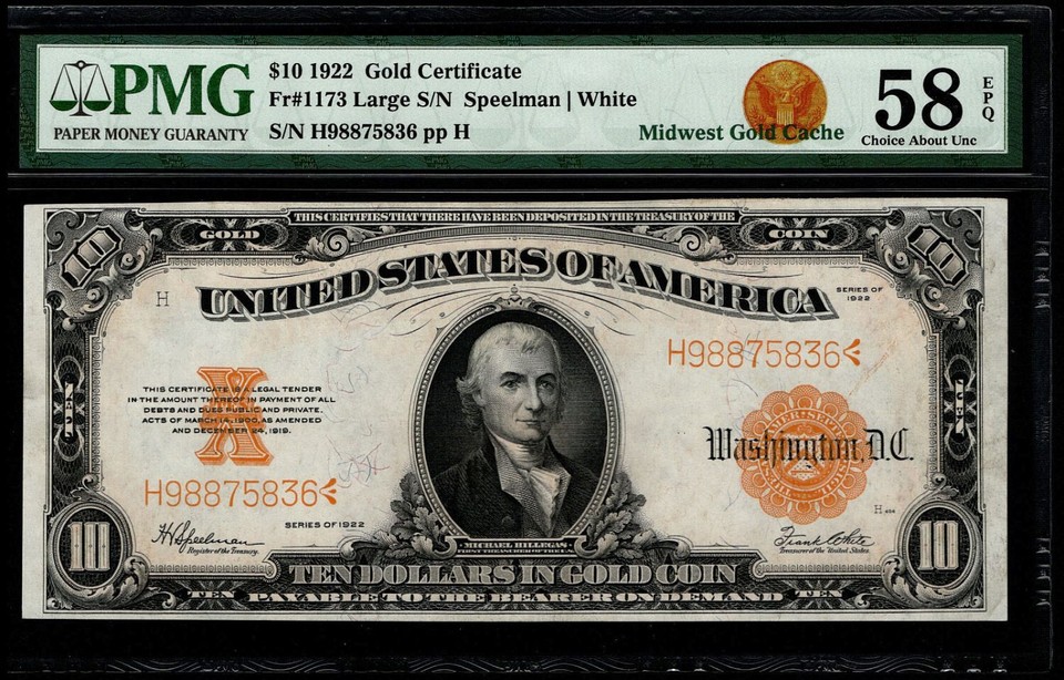 1922 $10 Gold Certificate PMG 58 EPQ Midwest Gold Cache (IFF) | eBay