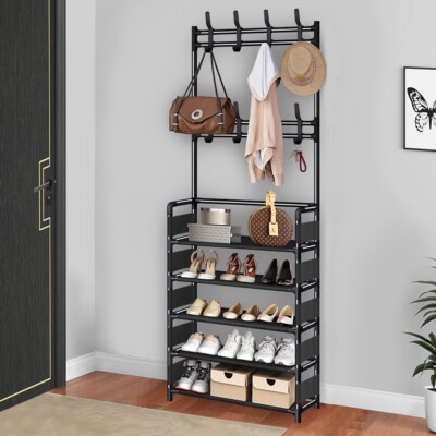 New Coat and Hat Stand 8 Hooks Metal Shoe Rack 5 Tiers Shelf Hanger ...