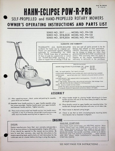 Pow-R-Pro Self Propelled Mower Hahn Eclipse Lawn Operating Manual Parts ...