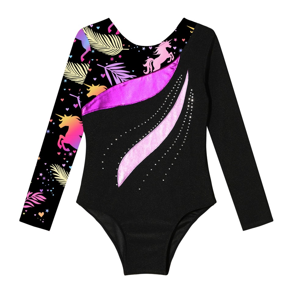 Girls Long Sleeve Gymnastic Leotard Sparkly Colorful Pattern Ballet ...