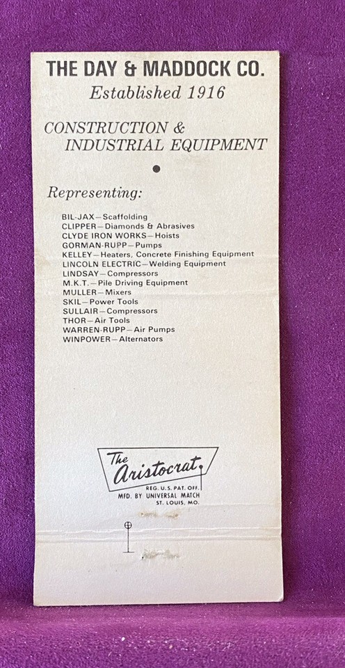Matchbook Cover The Day & Maddock Co. Construction Industrial Equip ...