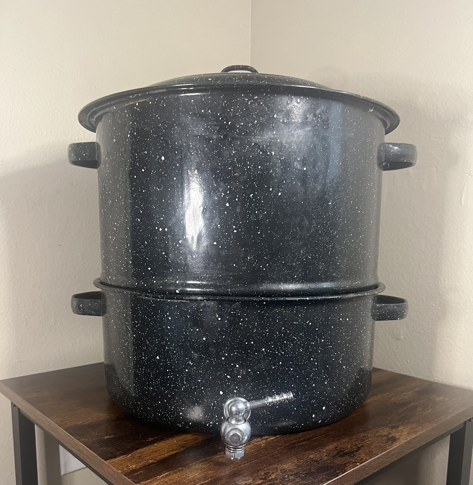 Black Speckled Enamelware Lobster Clam Steamer Broth Lg Double Pot with ...