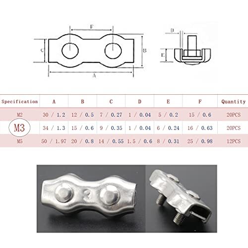 20pcs M3 Stainless Steel Duplex Wire Rope Clip Cable Clamp Double Bolt ...