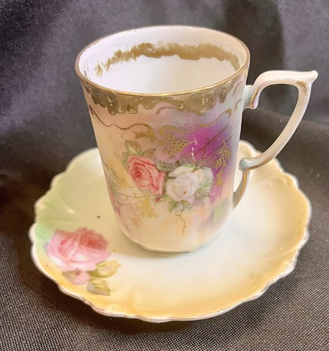 RS Prussia Germany Cup Saucer Pink Roses Bone China Porcelain Red Stamp ...
