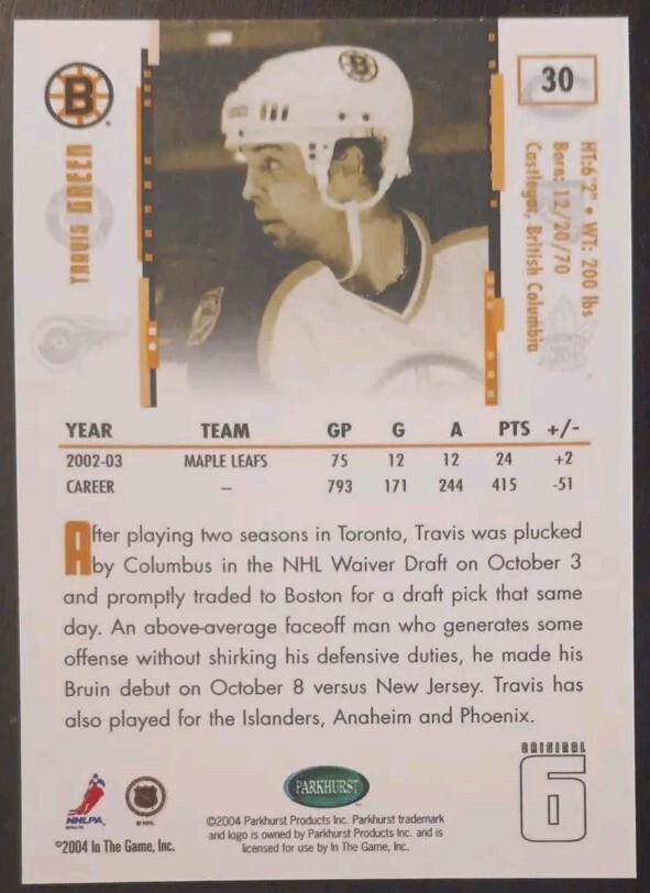 2003 - 2004 Parkhurst Travis Green Original Six Bruins #30 Hockey Card ...