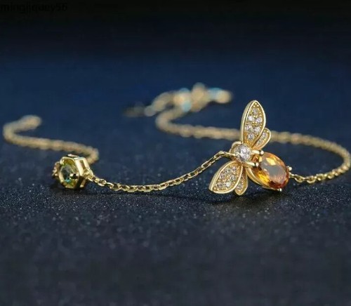 925 Silver Natural Yellow Crystal Bee Bracelet Citrine Chain Fashion ...