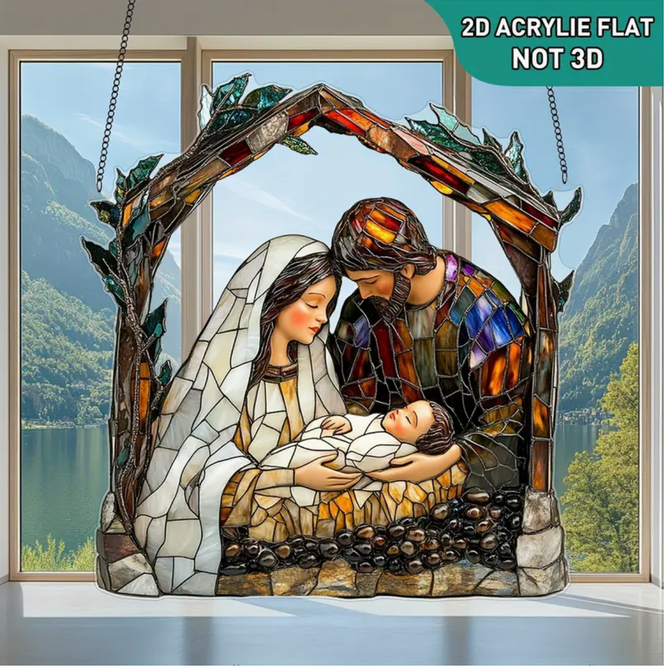 Large 2D Stained Glass Look Nativity Scene Christmas Suncatcher-8x7in ...