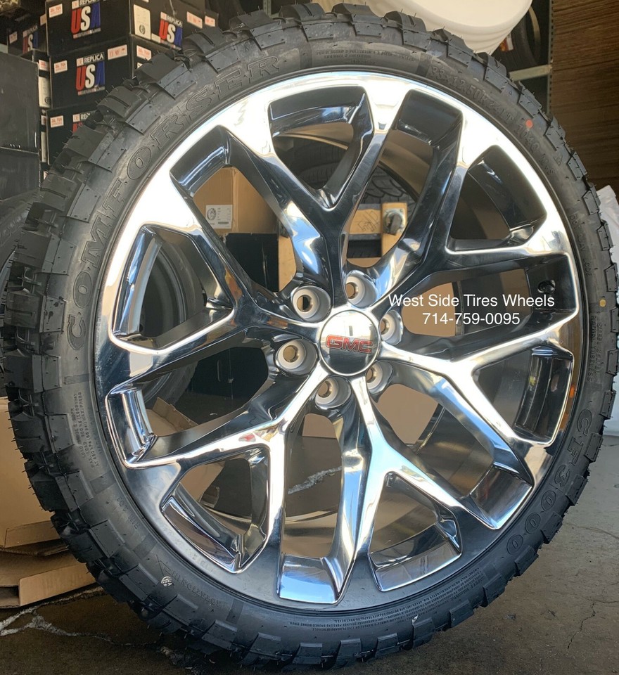 22” SNOWFLAKE CHROME WHEELS Yukon Sierra Tahoe Silverado 6lug 33” Mud ...