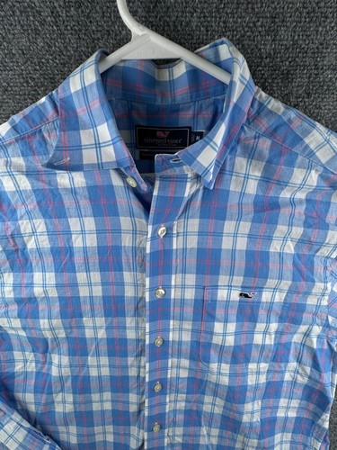 Vineyard Vines Button Up Shirt Cotton Plaid Pink Blue Medium Classic ...