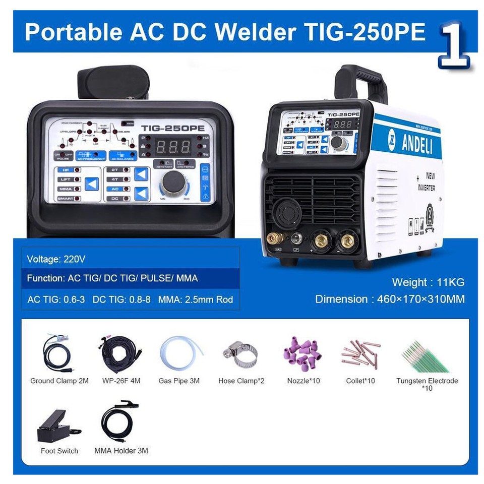 AC DC TIG Welding Machine TIG-250PE MMA Pulse LIFT TIG HF TIG Aluminum ...