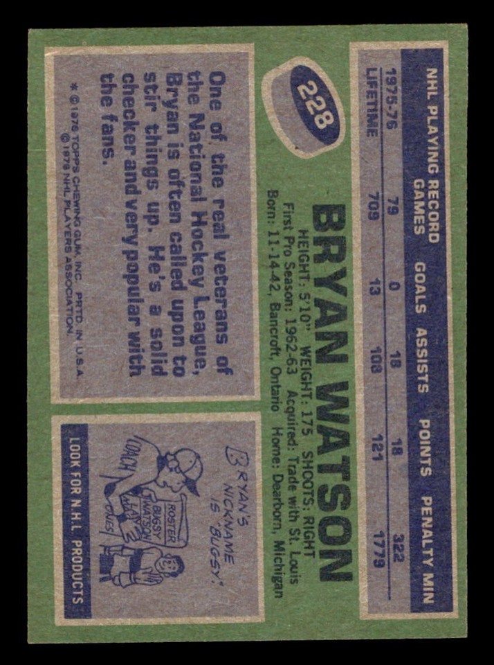1976 Topps Hockey #228 Bryan Watson NM/MT *d2 | eBay