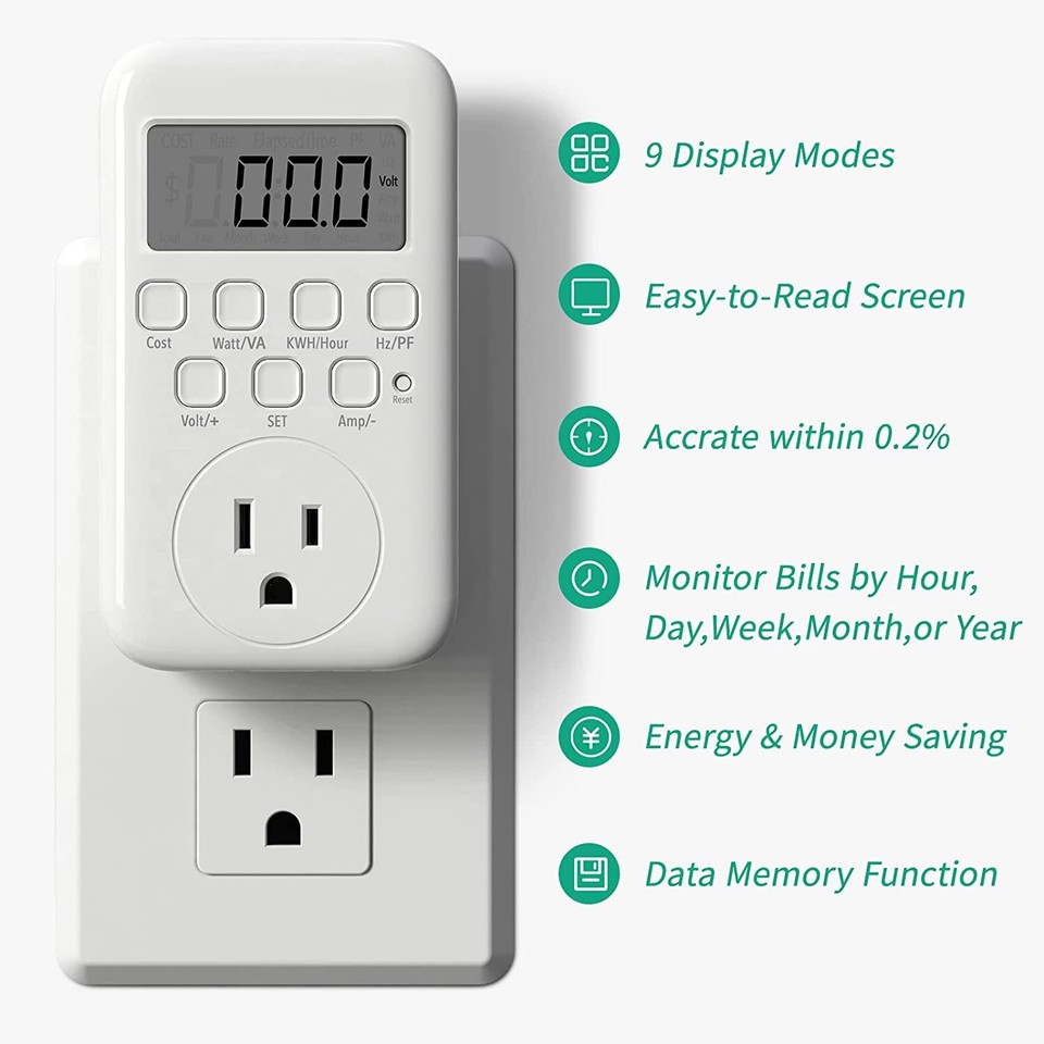 HBN Electricity Usage Monitor LCD Plug in Power Meter with 9 Display ...